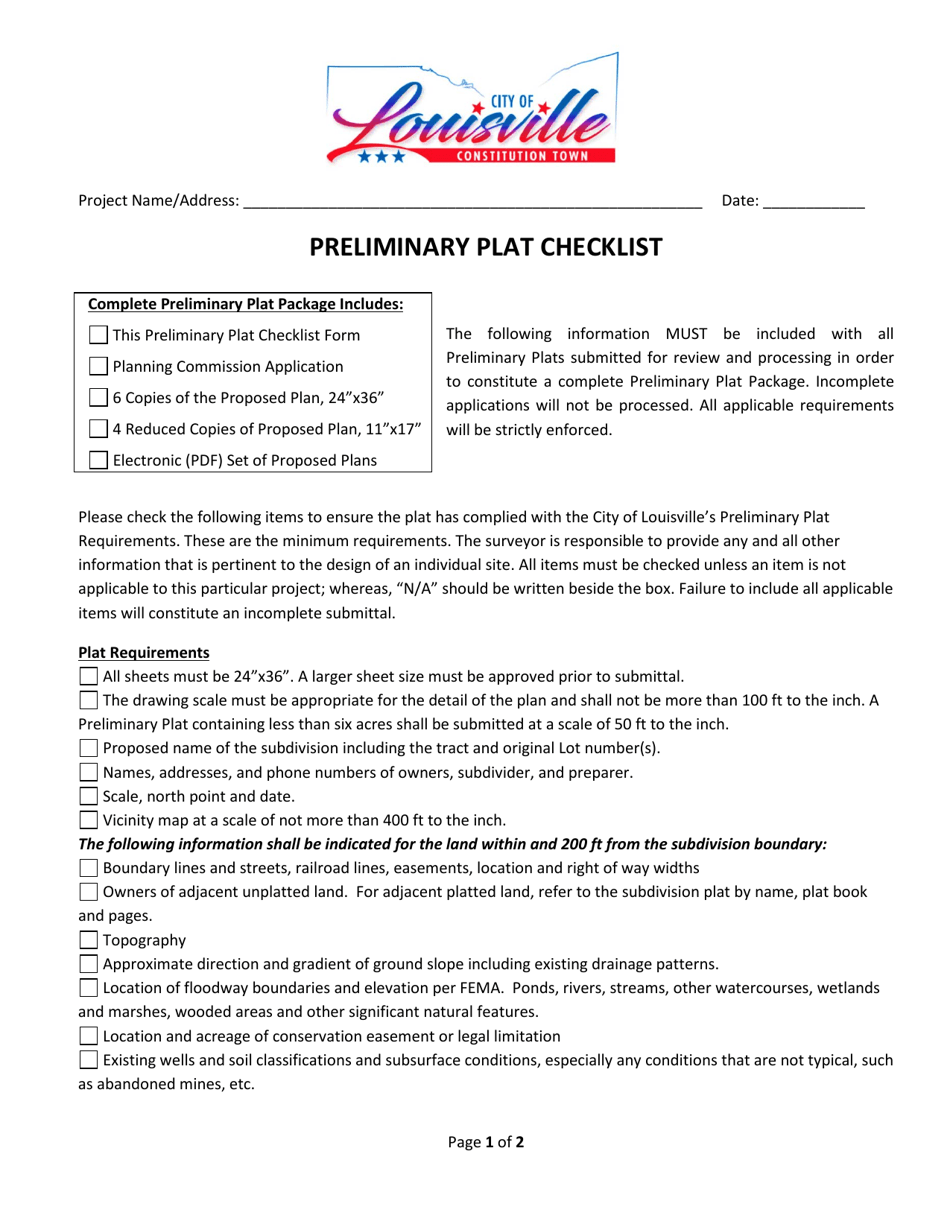 City of Louisville, Ohio Preliminary Plat Checklist - Fill Out, Sign ...