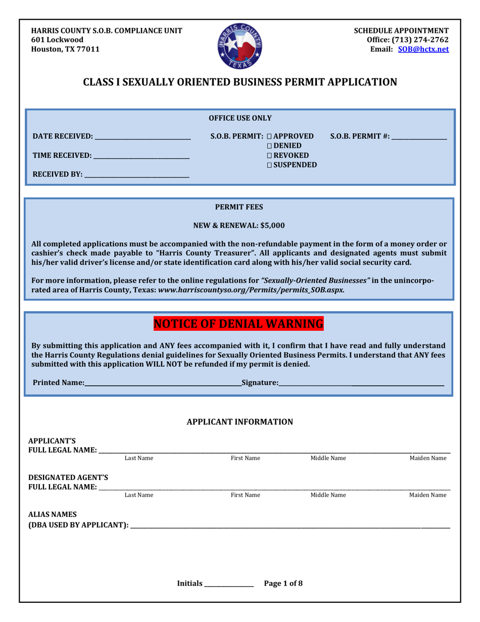 Harris County, Texas Class I Sexually Oriented Business Permit ...