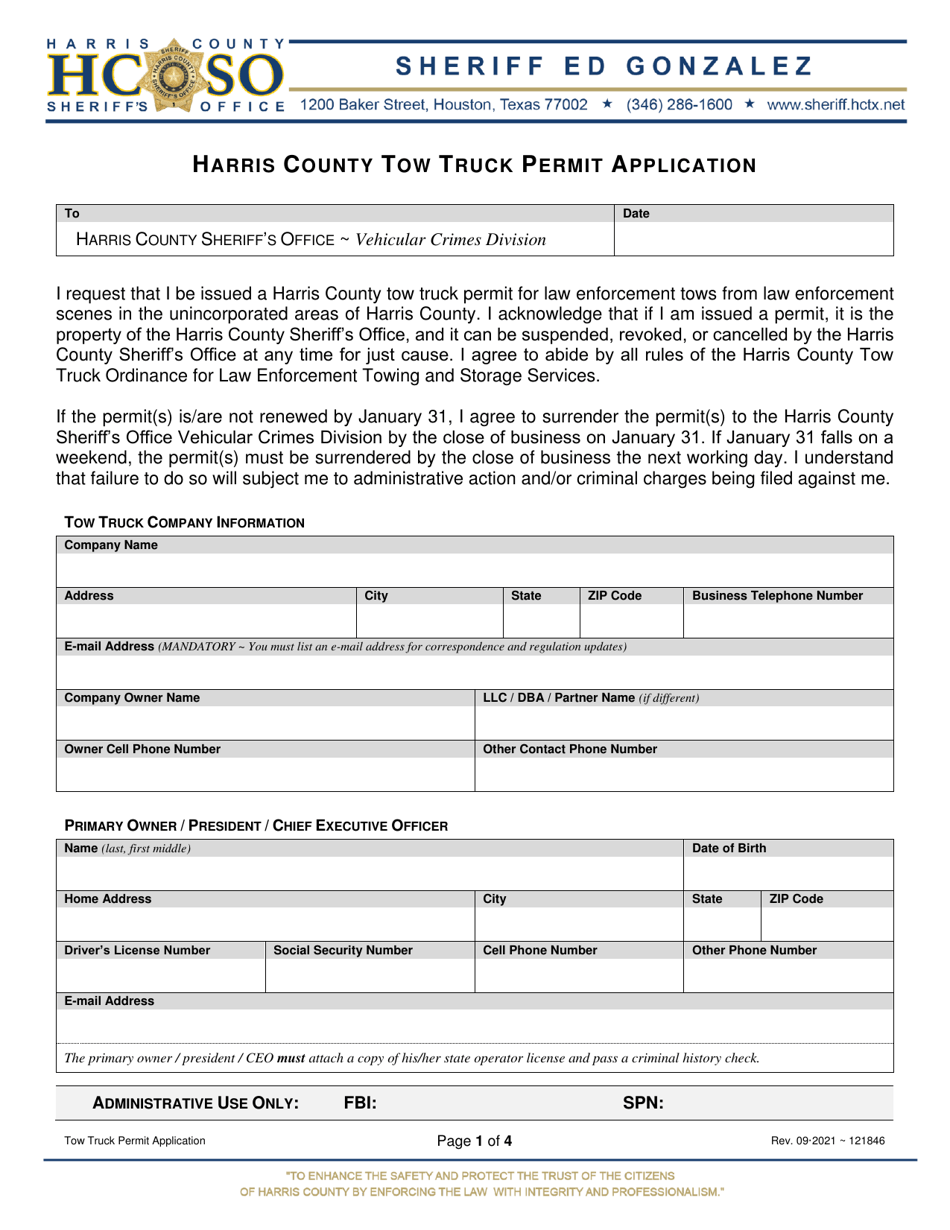 Harris County, Texas Tow Truck Permit Application - Fill Out, Sign ...