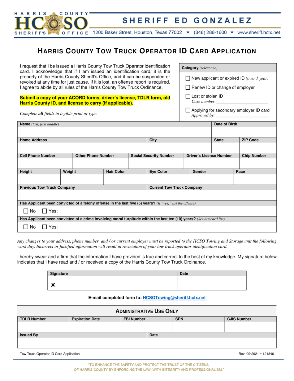 Harris County, Texas Tow Truck Operator Id Card Application - Fill Out ...