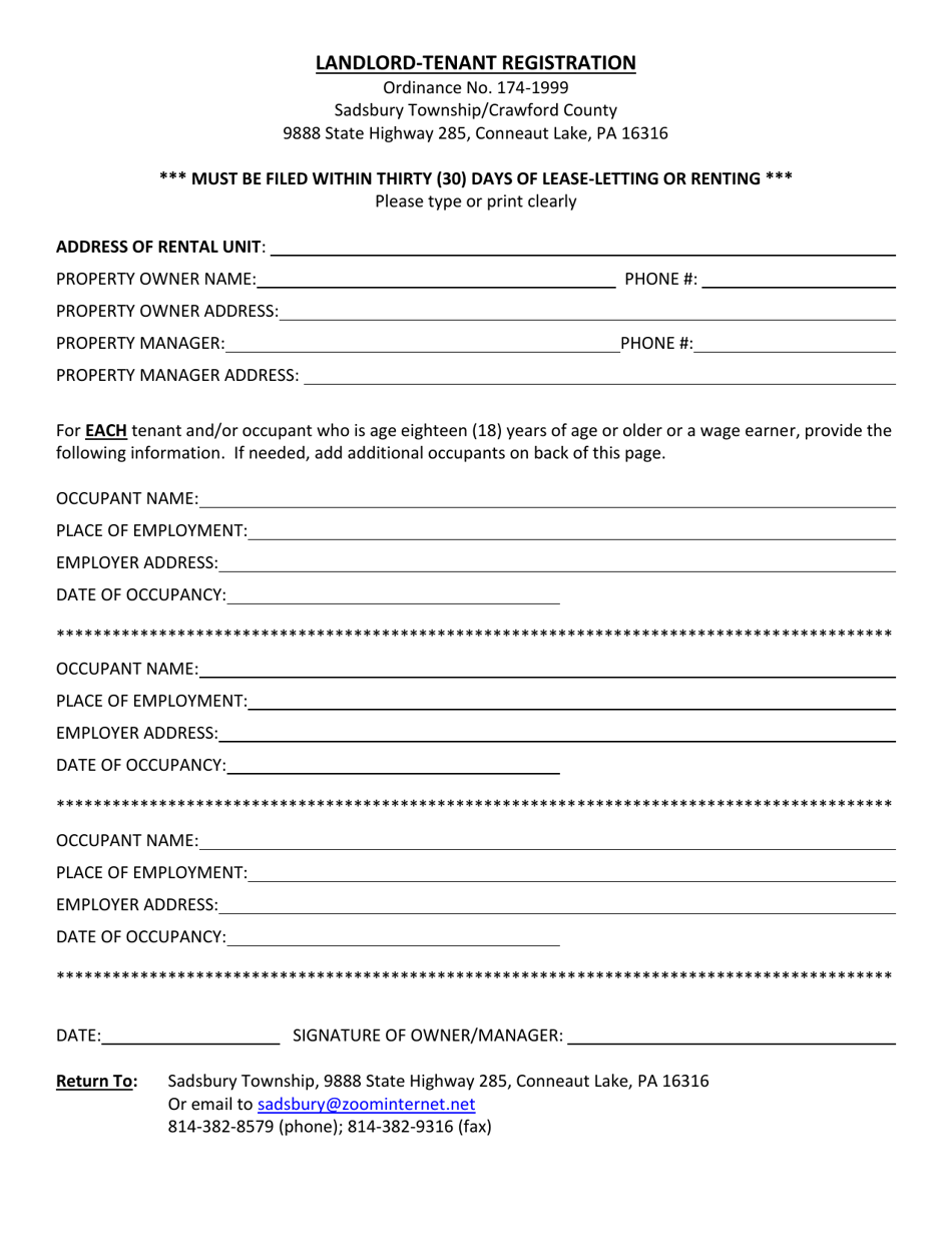 Sadsbury Township, Pennsylvania Landlord-Tenant Registration - Fill Out ...