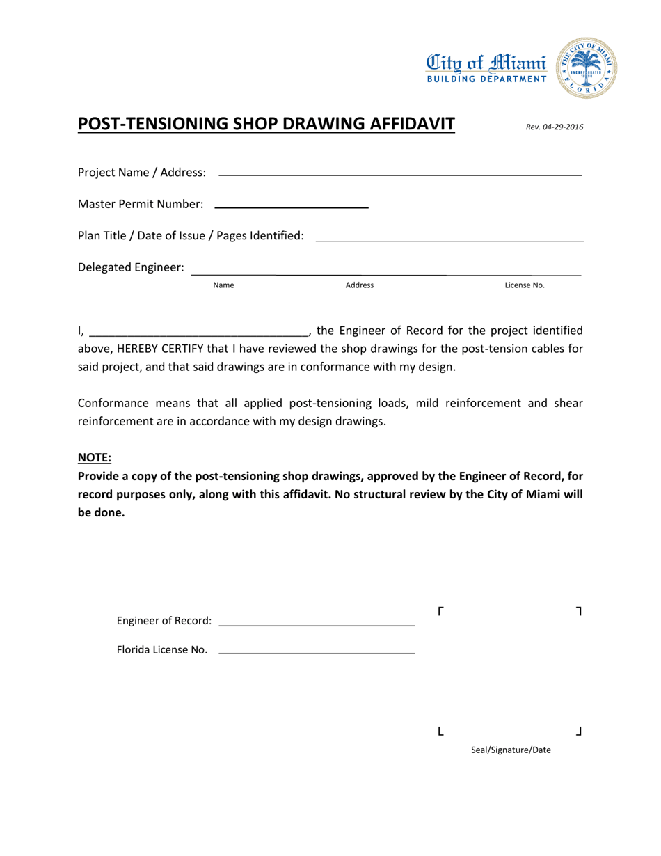 City of Miami, Florida Post-tensioning Shop Drawing Affidavit - Fill ...