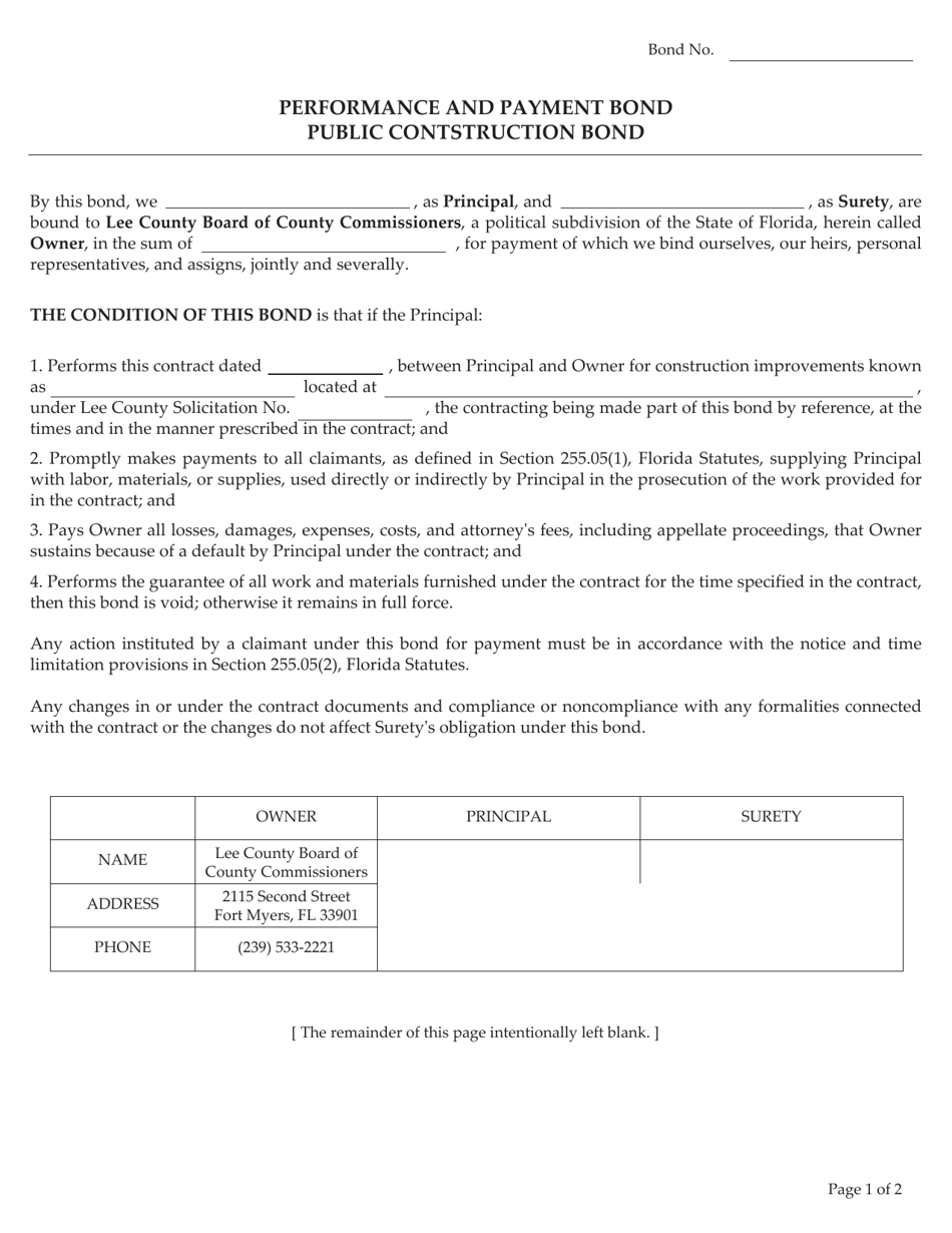 Lee County, Florida Performance and Payment Bond - Fill Out, Sign ...