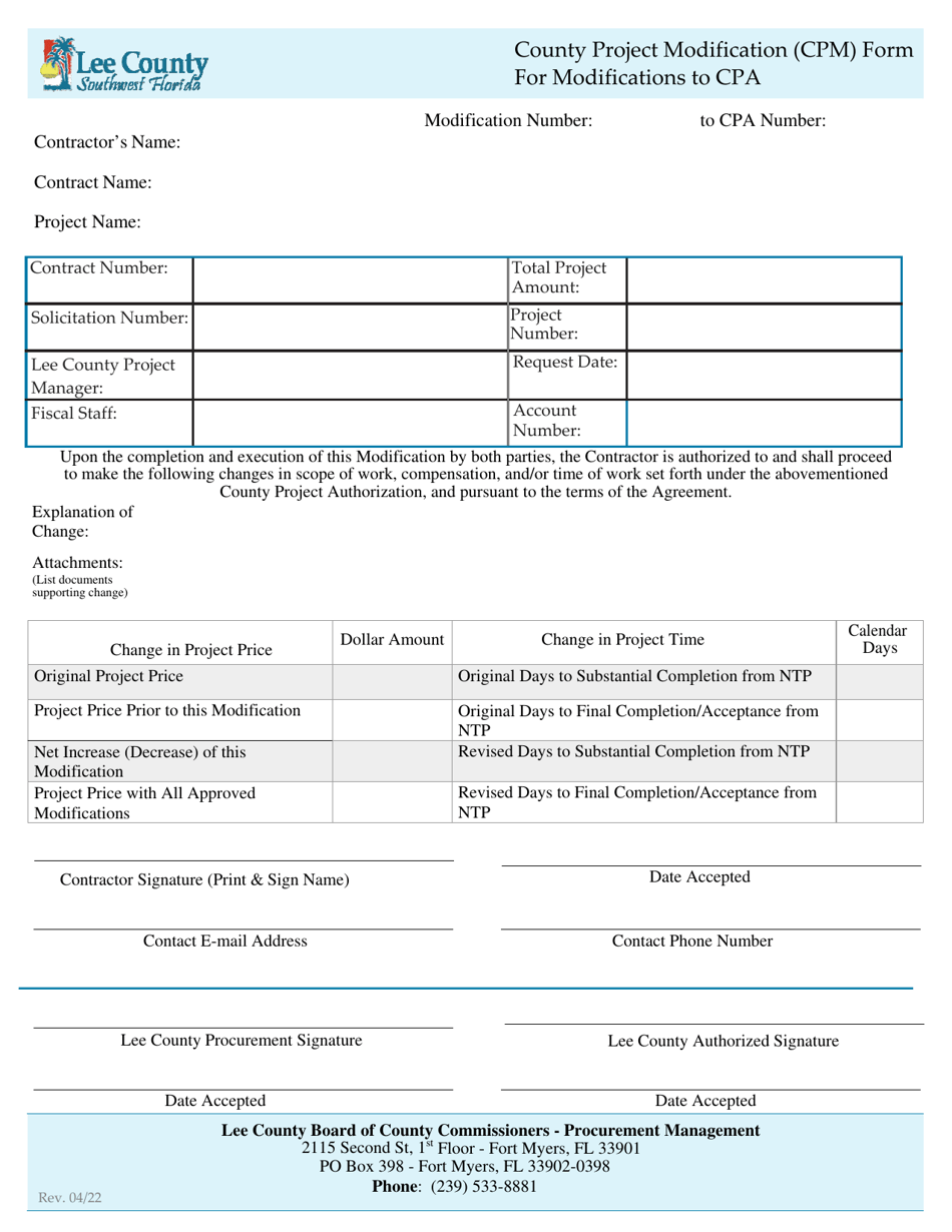 Lee County, Florida County Project Modification (Cpm) Form for ...