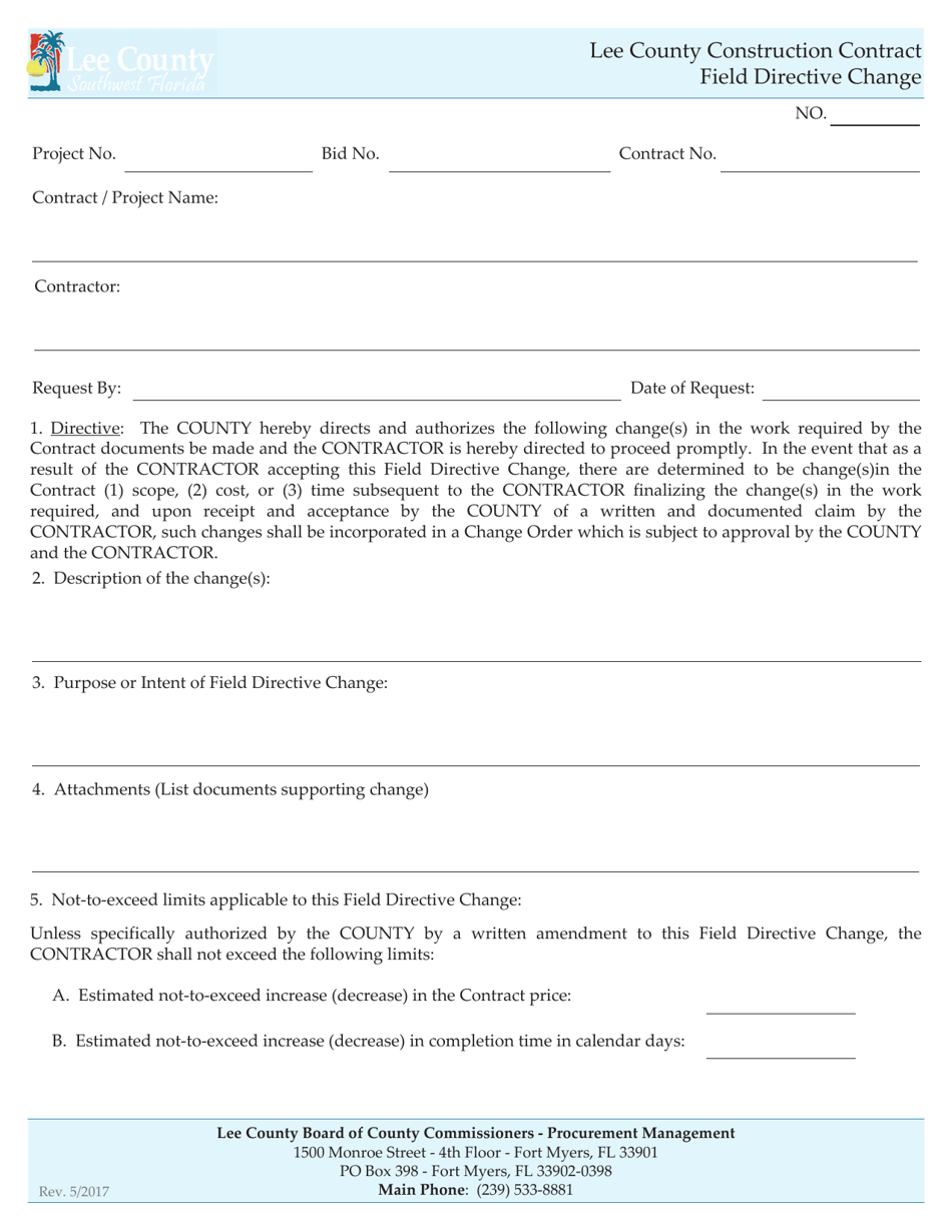 Lee County, Florida Construction Contract Field Directive Change - Fill ... Lee County, Florida Construction Contract Field Directive Change - Fill ...