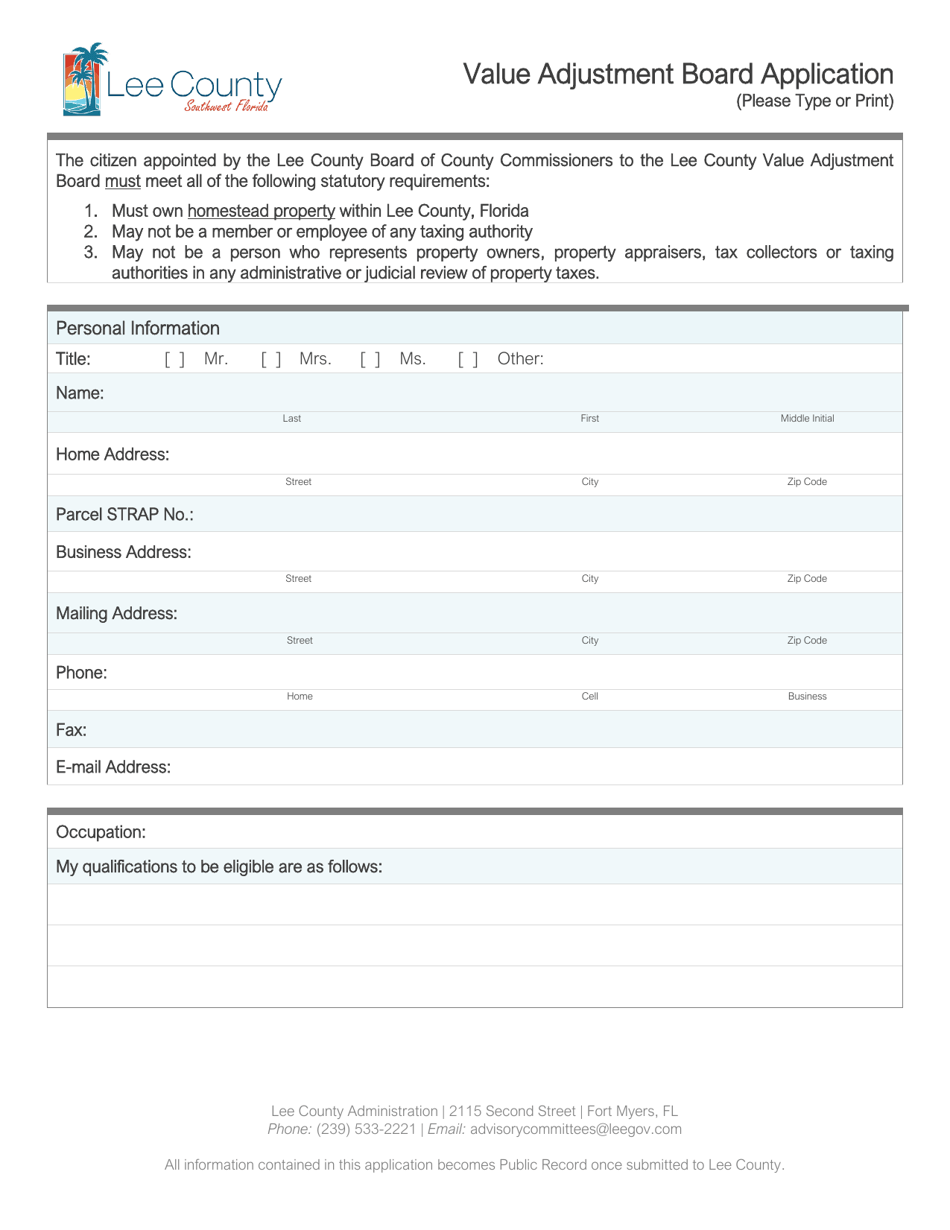 Lee County, Florida Value Adjustment Board Application - Fill Out, Sign ...