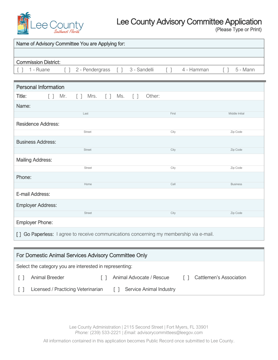 Lee County, Florida Lee County Advisory Committee Application - Fill Out, Sign Online and ...