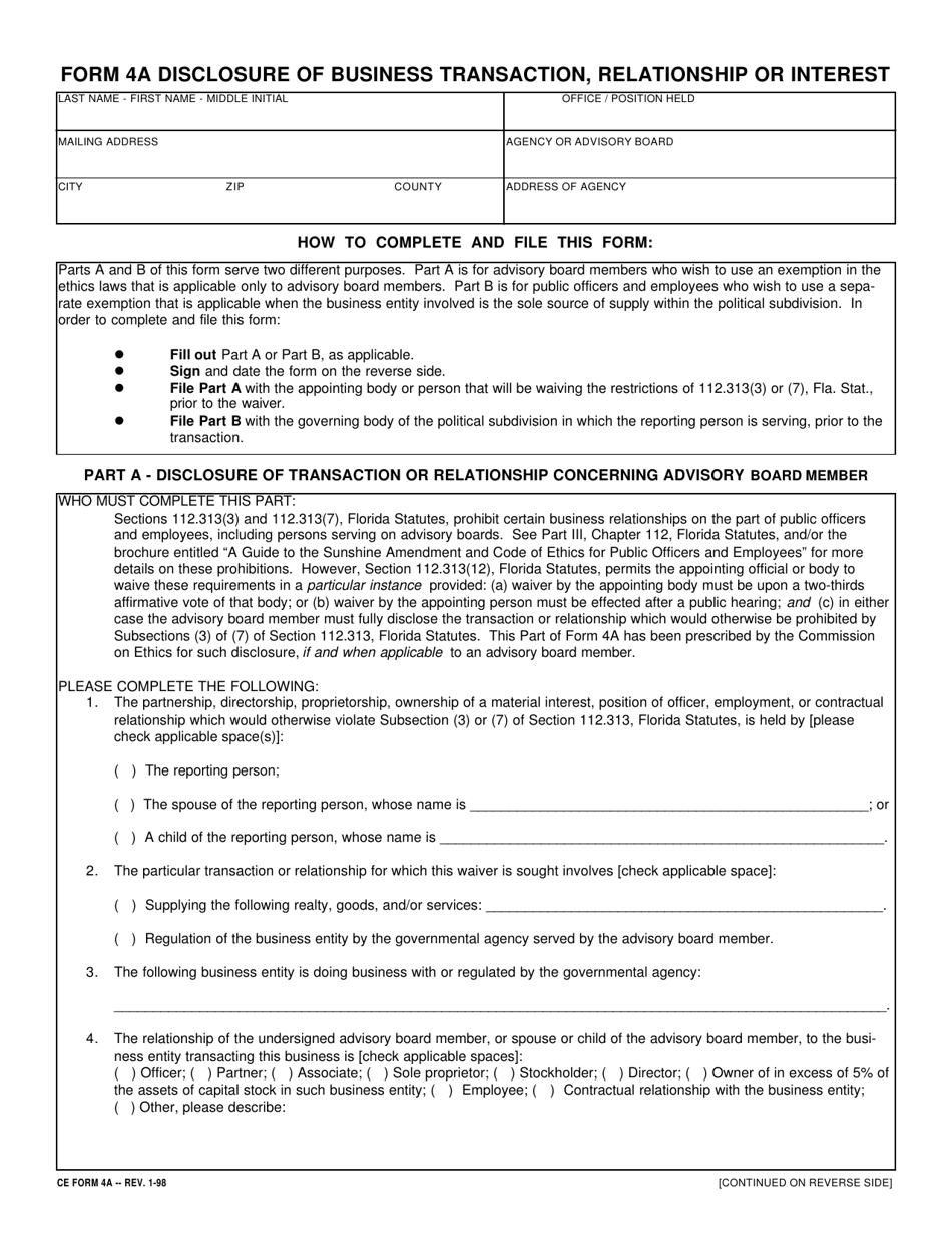 CE Form 4A - Fill Out, Sign Online and Download Printable PDF, Florida ...