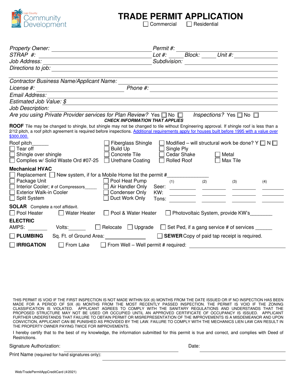 Lee County, Florida Trade Permit Application - Fill Out, Sign Online ...