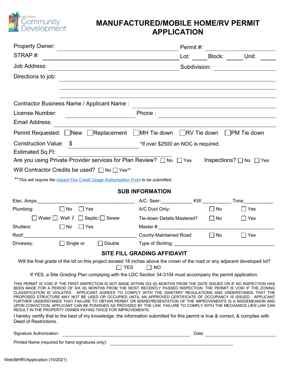 Lee County, Florida Manufactured/Mobile Home/Rv Permit Application ...