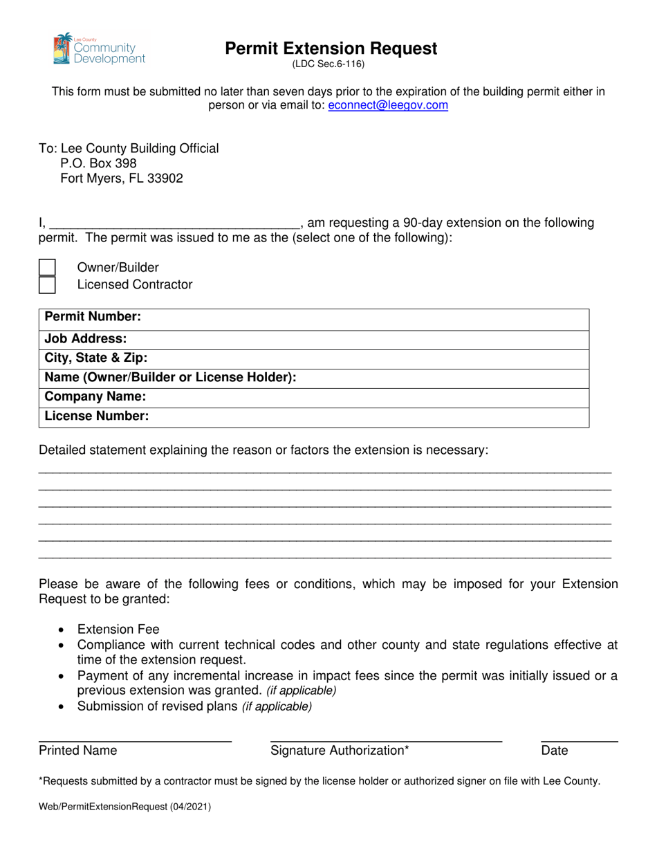 Lee County, Florida Permit Extension Request - Fill Out, Sign Online ...