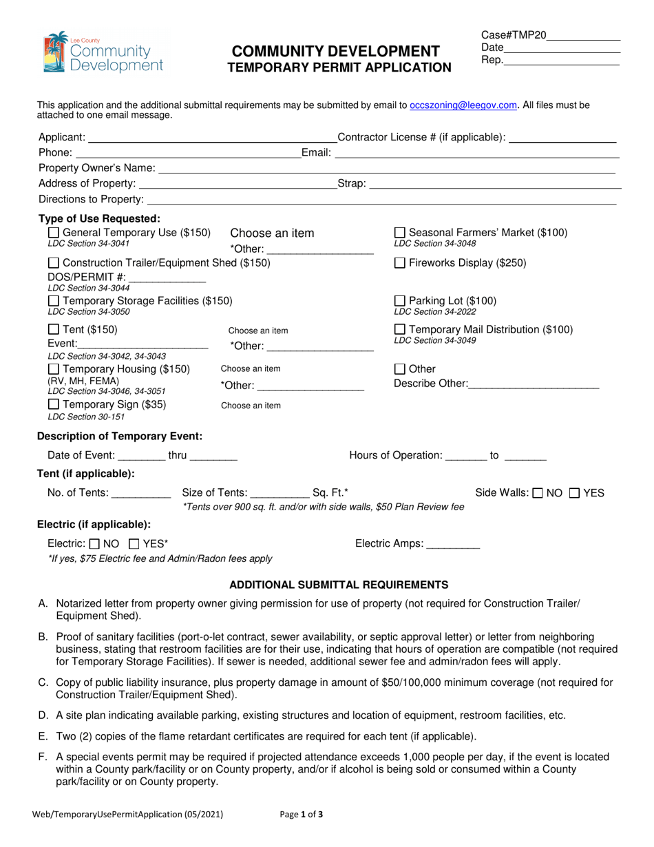 Lee County, Florida Temporary Use Permit Application - Fill Out, Sign ...
