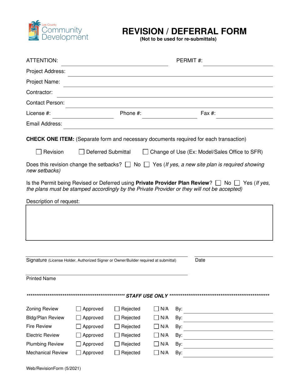 Lee County, Florida Revision/Deferral Form - Fill Out, Sign Online and ...