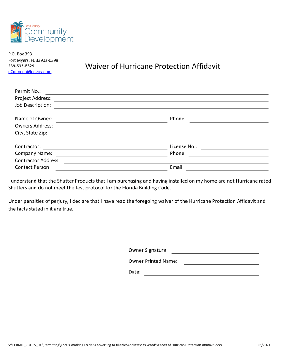 Lee County, Florida Waiver of Hurricane Protection Affidavit - Fill Out ...