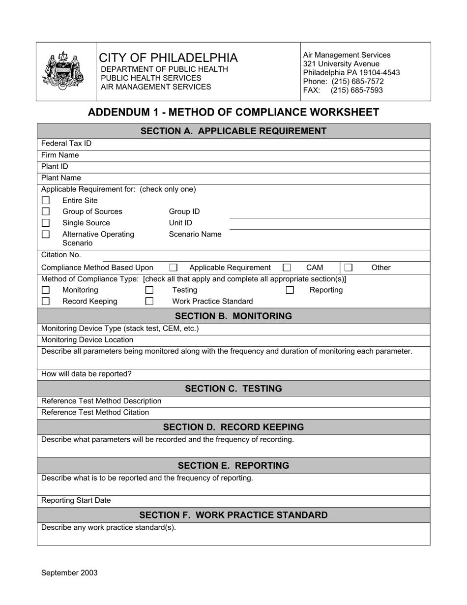 City of Philadelphia, Pennsylvania Method of Compliance Worksheet ...