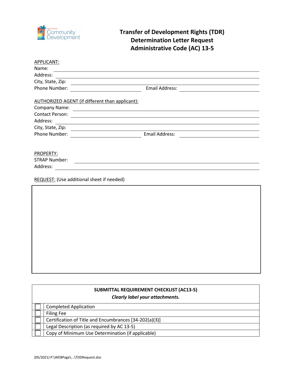 Lee County, Florida Transfer of Development Rights (Tdr) Determination Letter Request - Fill Out ...