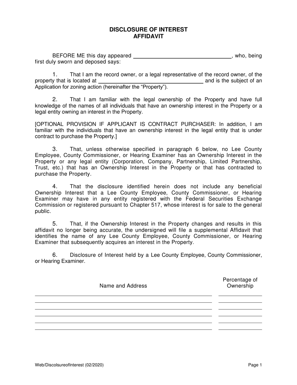 Lee County, Florida Disclosure of Interest Affidavit - Fill Out, Sign ...