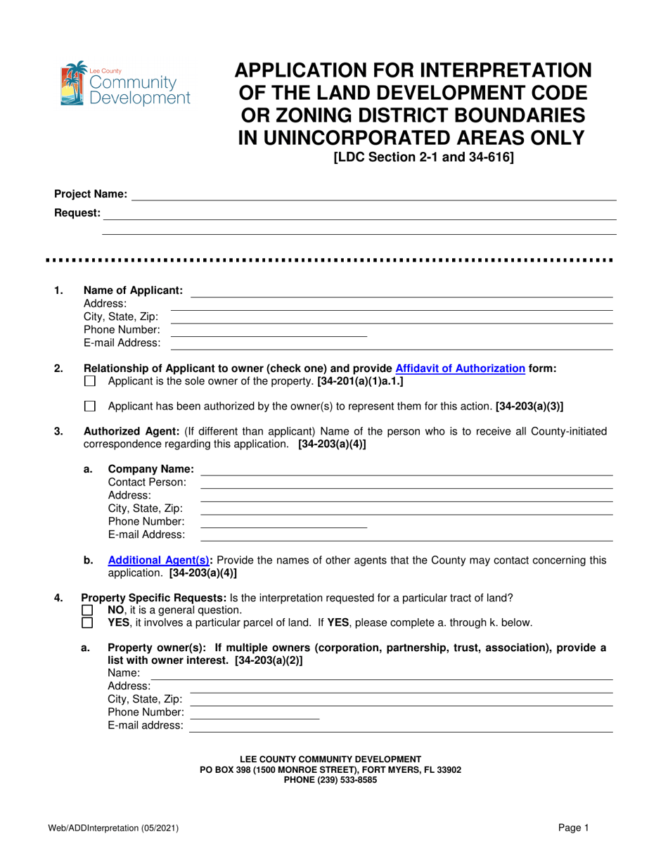 Lee County, Florida Application for Interpretation of the Land ...