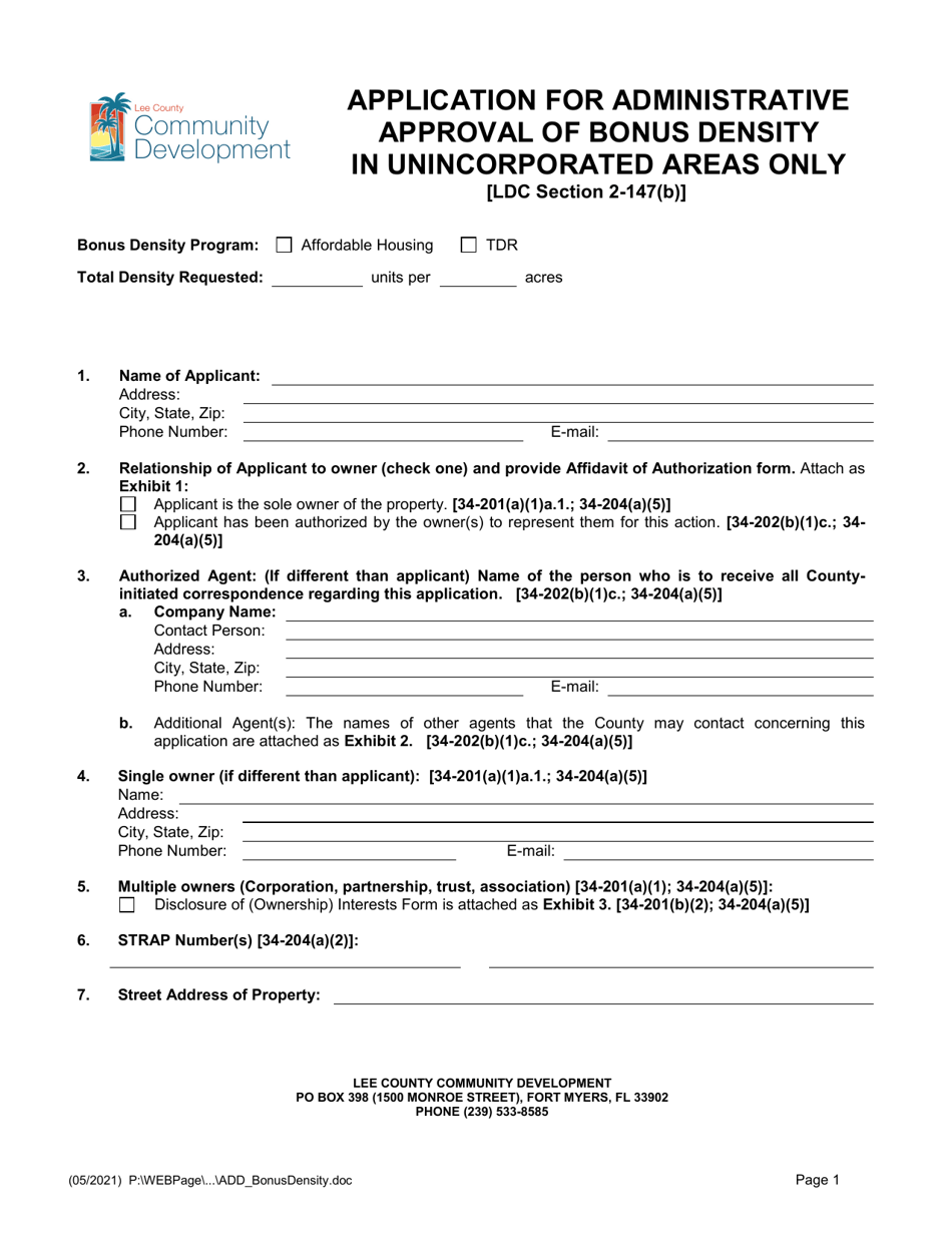 Lee County, Florida Application for Administrative Approval of Bonus ...
