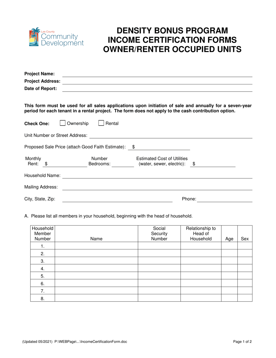 Lee County, Florida Income Certification Form - Density Bonus Program ...