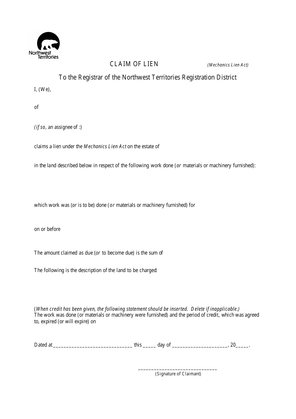 Northwest Territories Canada Claim of Lien - Fill Out, Sign Online and ...