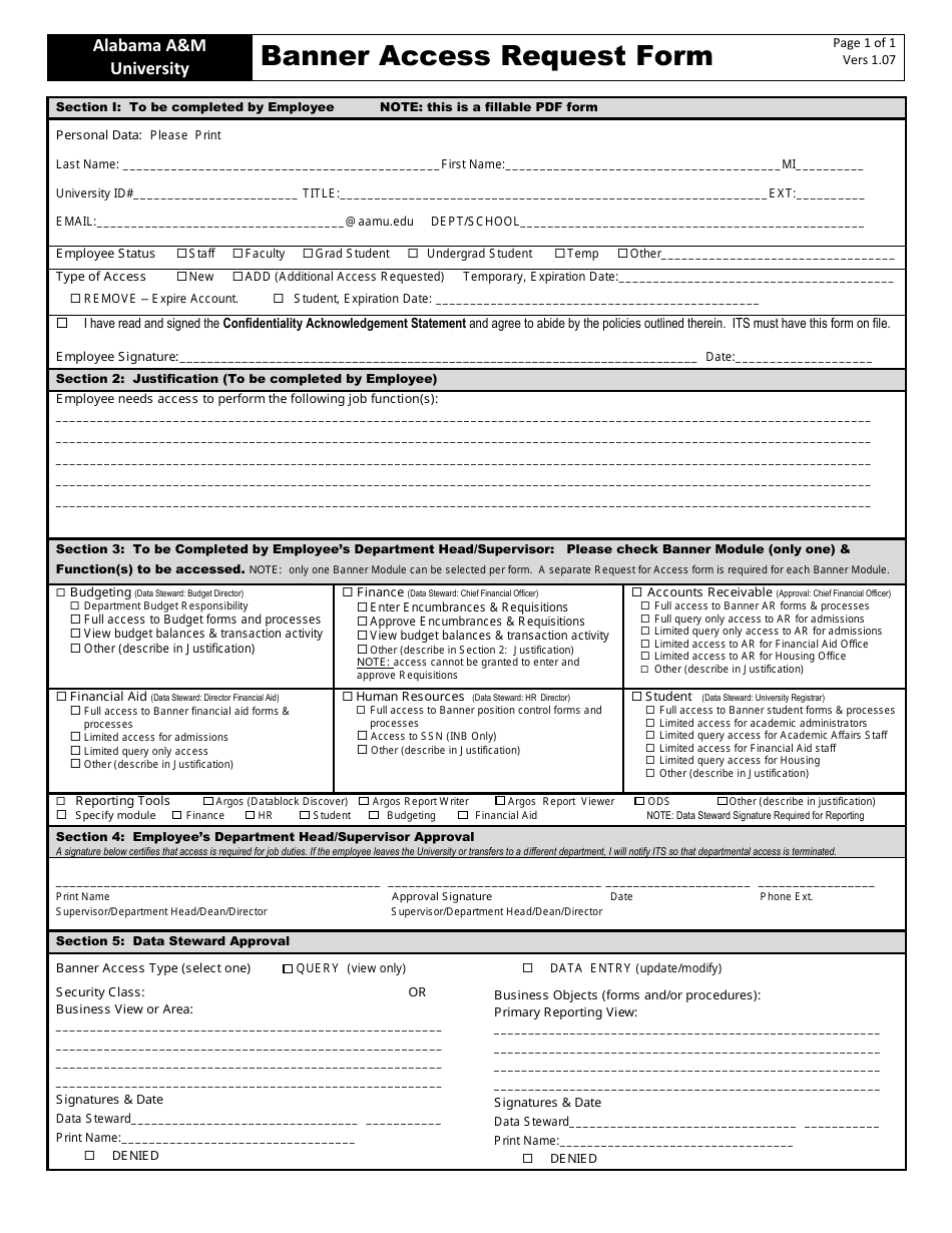 Banner Access Request Form - Alabama a&m University - Fill Out, Sign Online and Download PDF ...