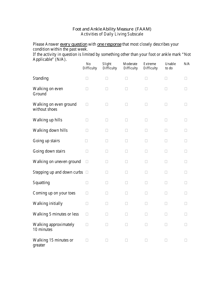 Foot and Ankle Ability Measure (Faam) Activities of Daily Living ...