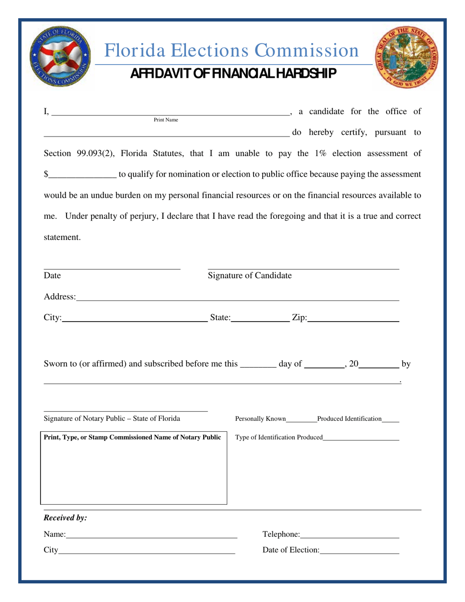 Florida Affidavit of Financial Hardship - Fill Out, Sign Online and Download PDF | Templateroller
