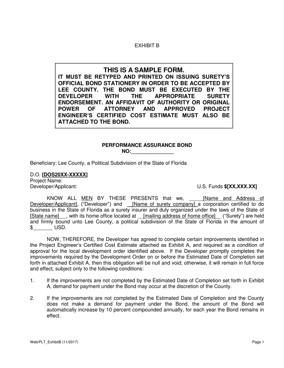 Lee County, Florida Sample Performance Assurance Bond - Fill Out, Sign ...