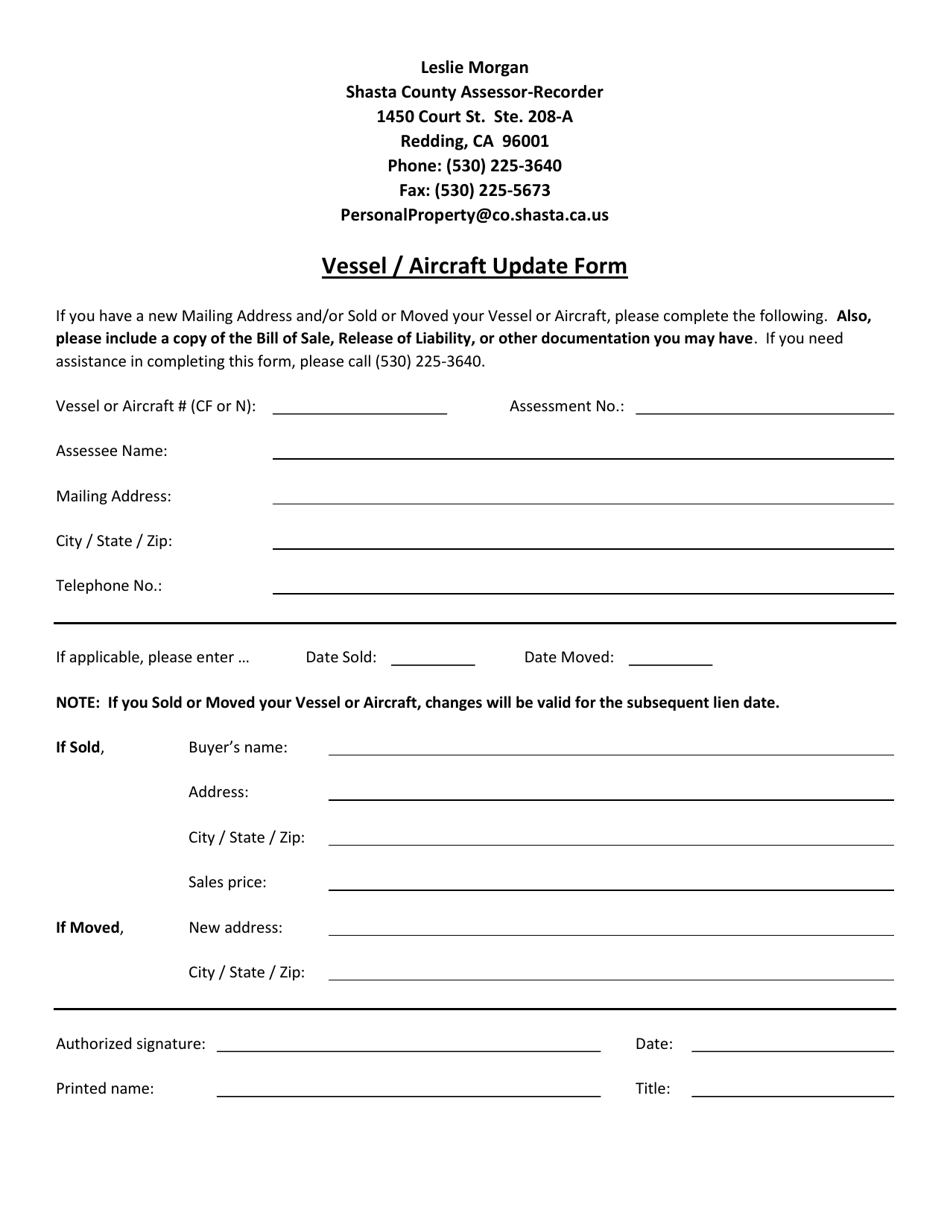 Shasta County, California Vessel/Aircraft Update Form - Fill Out, Sign ...