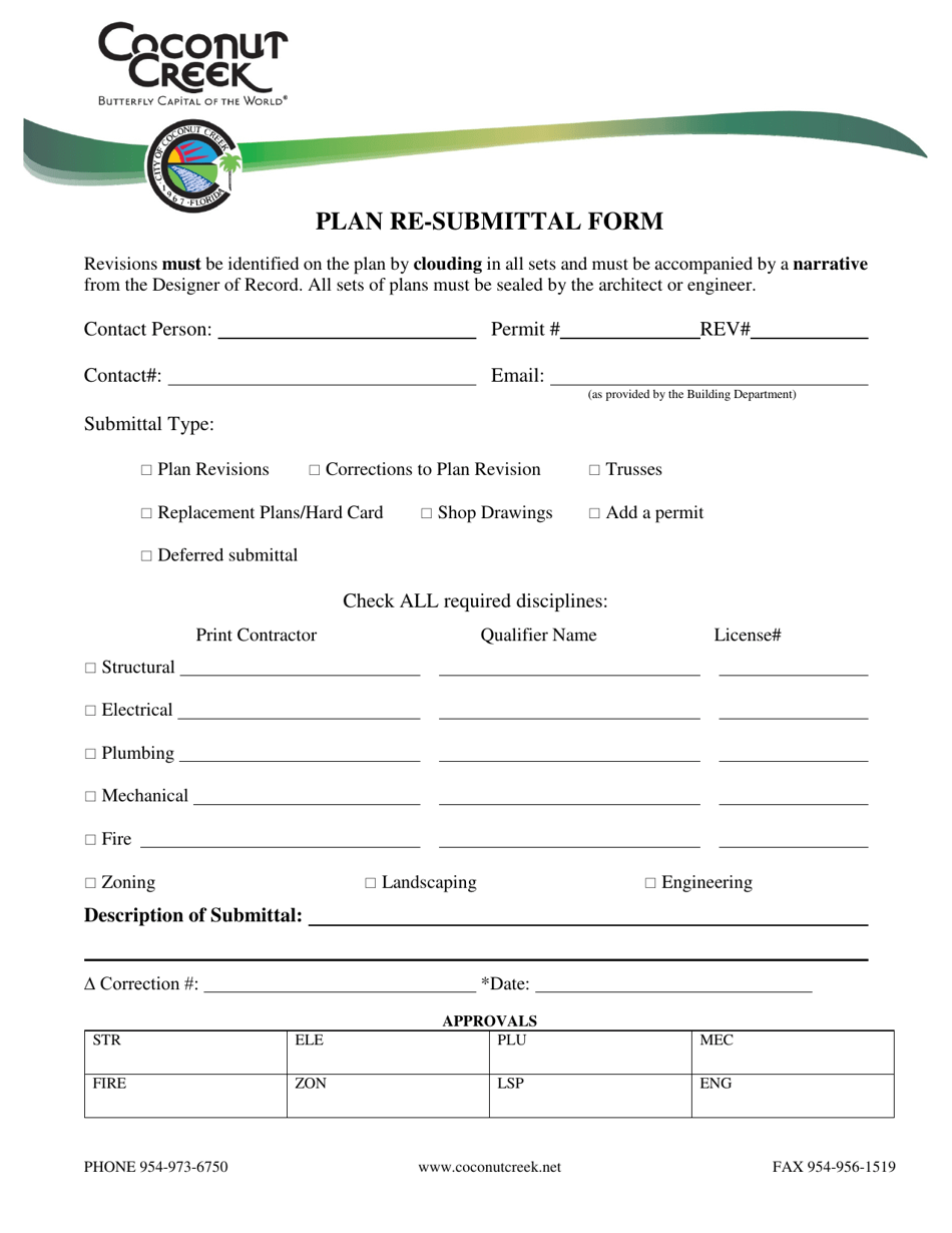 City of Coconut Creek, Florida Plan Re-submittal Form - Fill Out, Sign ...