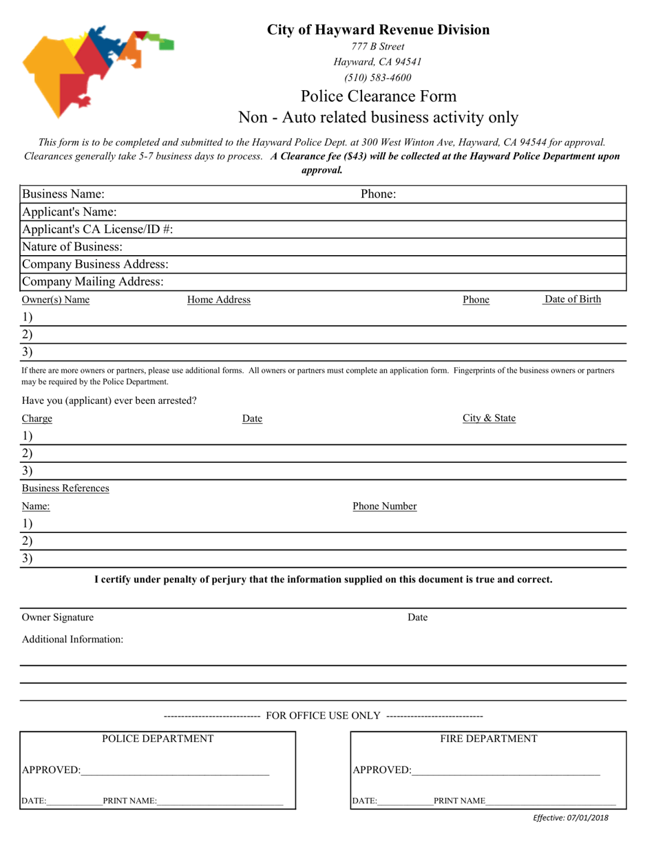 City of Hayward, California Police Clearance Form - Non-auto Related ...