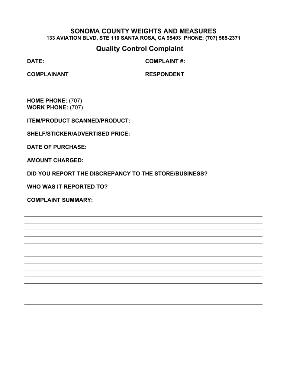 County of Sonoma, California Quality Control Complaint - Fill Out, Sign ...