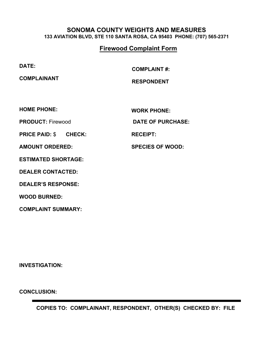 County of Sonoma, California Firewood Complaint Form - Fill Out, Sign ...