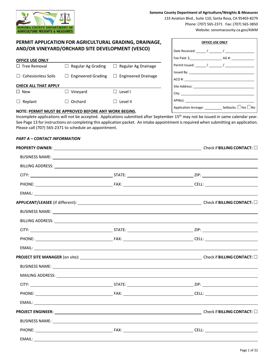 County of Sonoma, California Permit Application for Agricultural ...