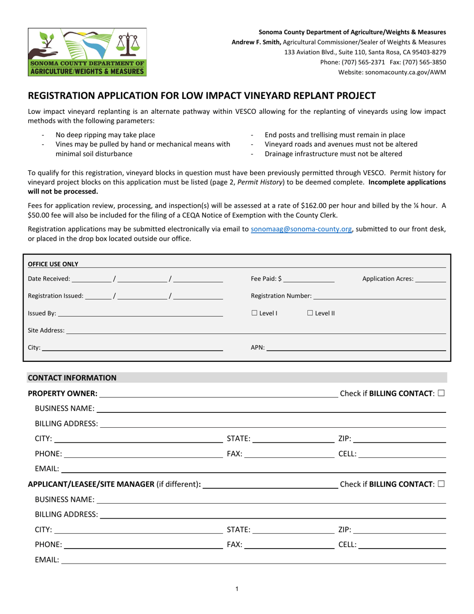 County of Sonoma, California Registration Application for Low Impact ...