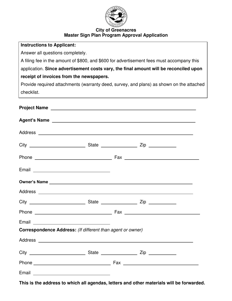 City of Greenacres, Florida Master Sign Plan Program Approval Application - Fill Out, Sign ...