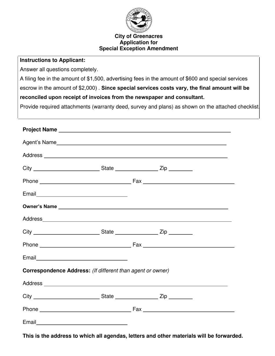 City of Greenacres, Florida Application for Special Exception Amendment ...