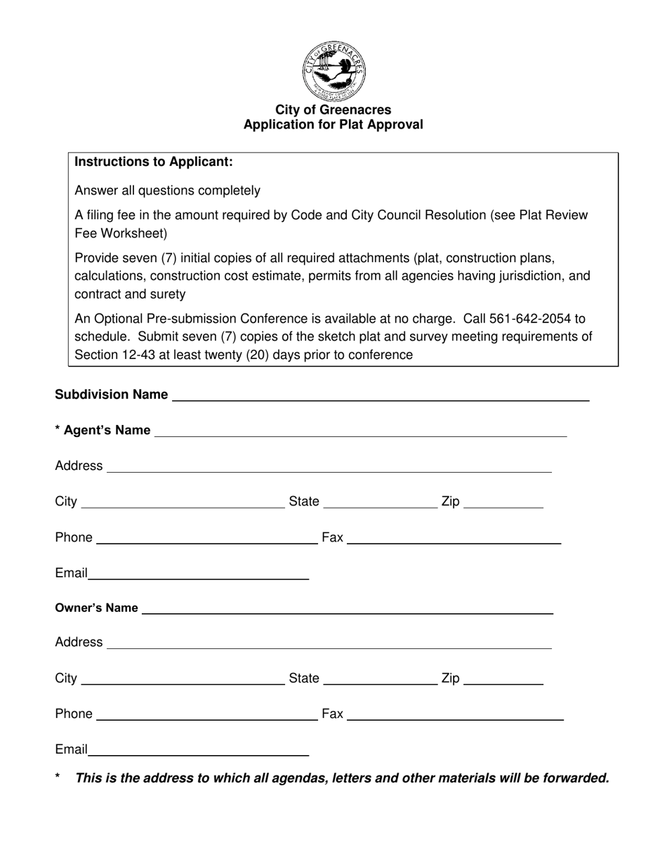 City of Greenacres, Florida Application for Plat Approval - Fill Out ...