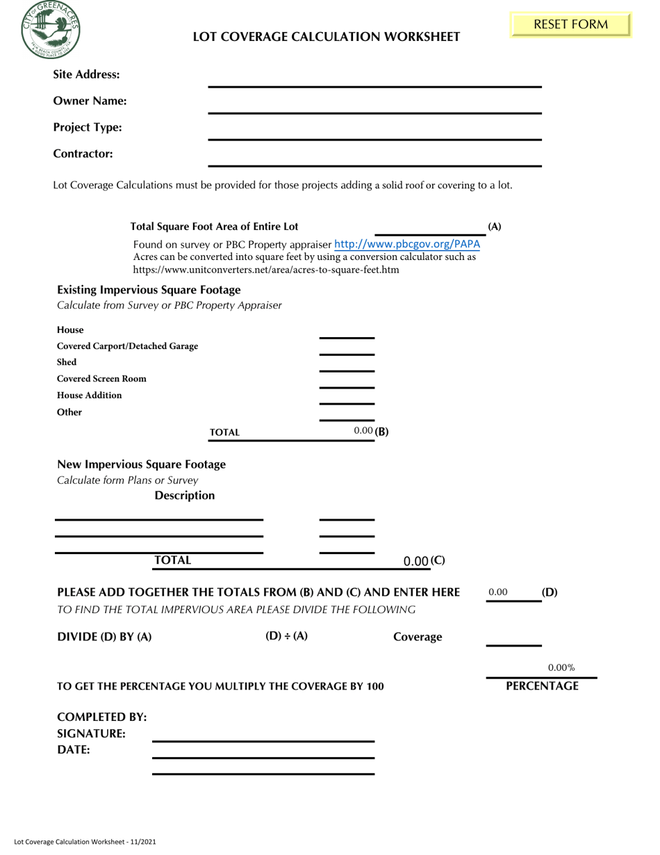 City of Greenacres, Florida Lot Coverage Calculation Worksheet - Fill ...