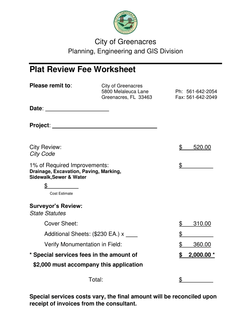 City of Greenacres, Florida Plat Review Fee Worksheet - Fill Out, Sign ...