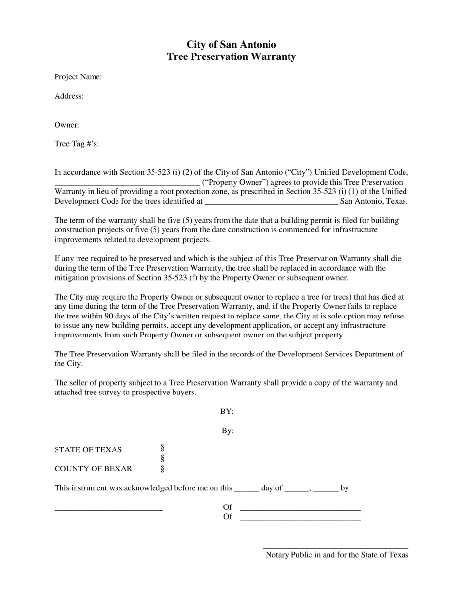 City of San Antonio, Texas Tree Preservation Warranty - Fill Out, Sign ...