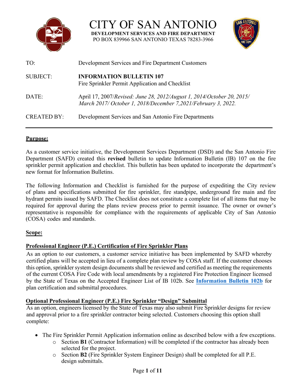 City of San Antonio, Texas Fire Sprinkler Permit Application - Fill Out ...