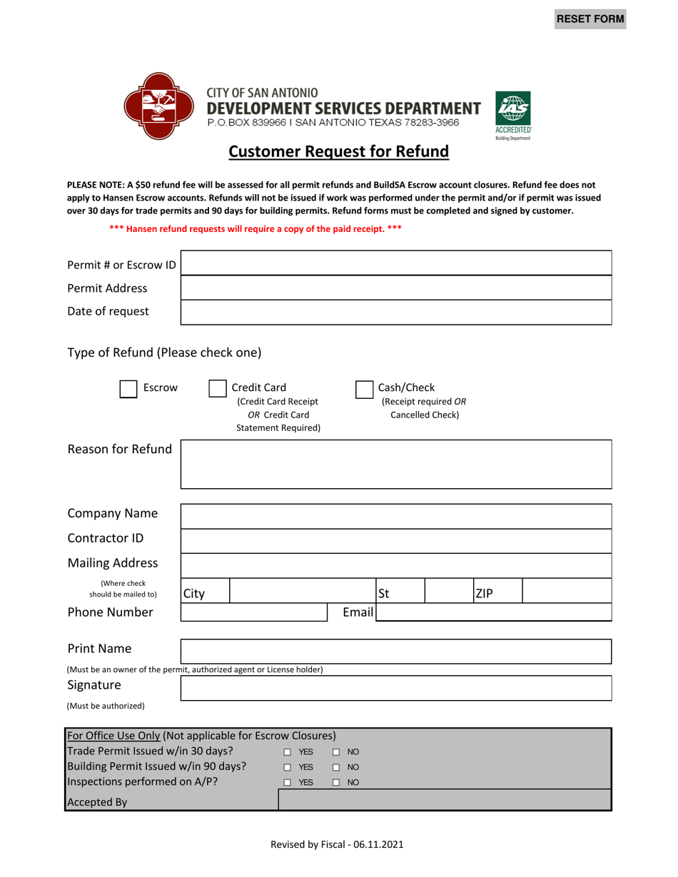 City of San Antonio, Texas Customer Request for Refund - Fill Out, Sign ...