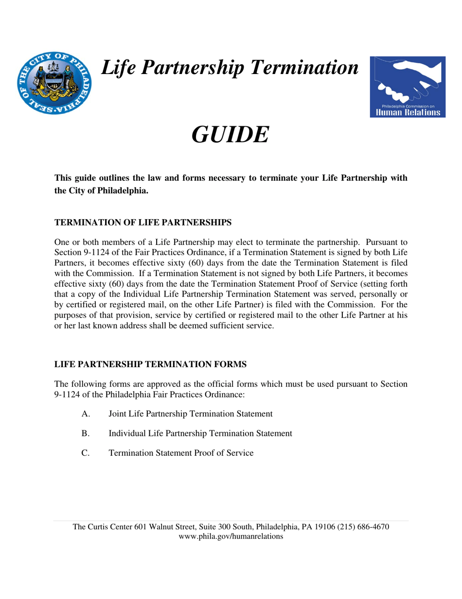 City of Philadelphia, Pennsylvania Life Partnership Termination Packet ...