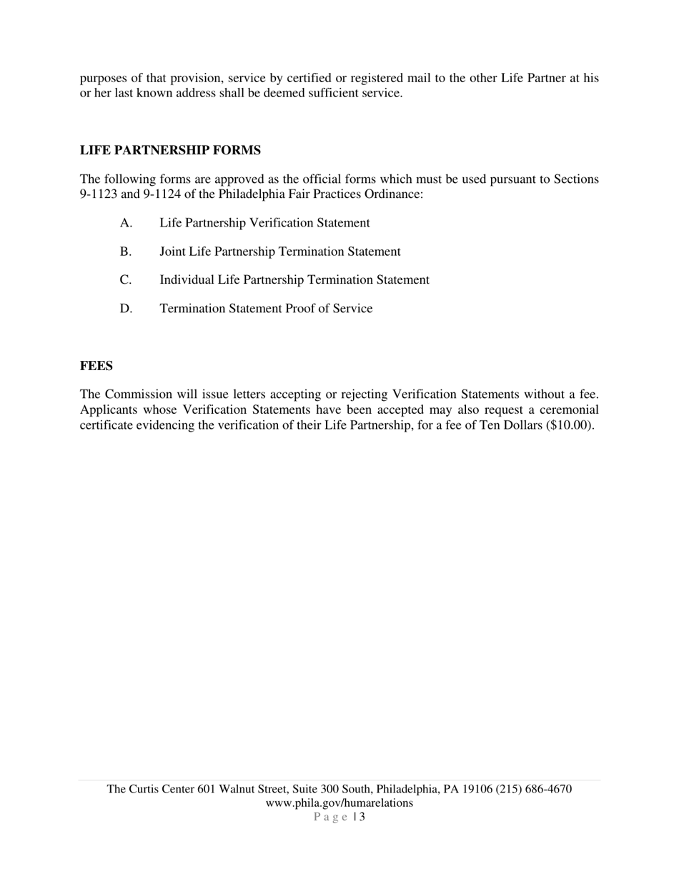 City Of Philadelphia Pennsylvania Life Partnership Registration Packet