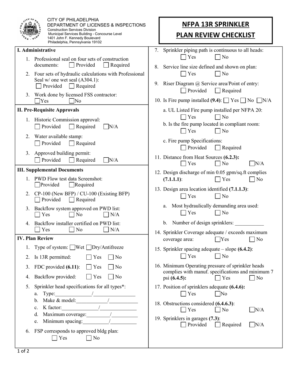 City of Philadelphia, Pennsylvania NFPA 13r Sprinkler Plan Review ...