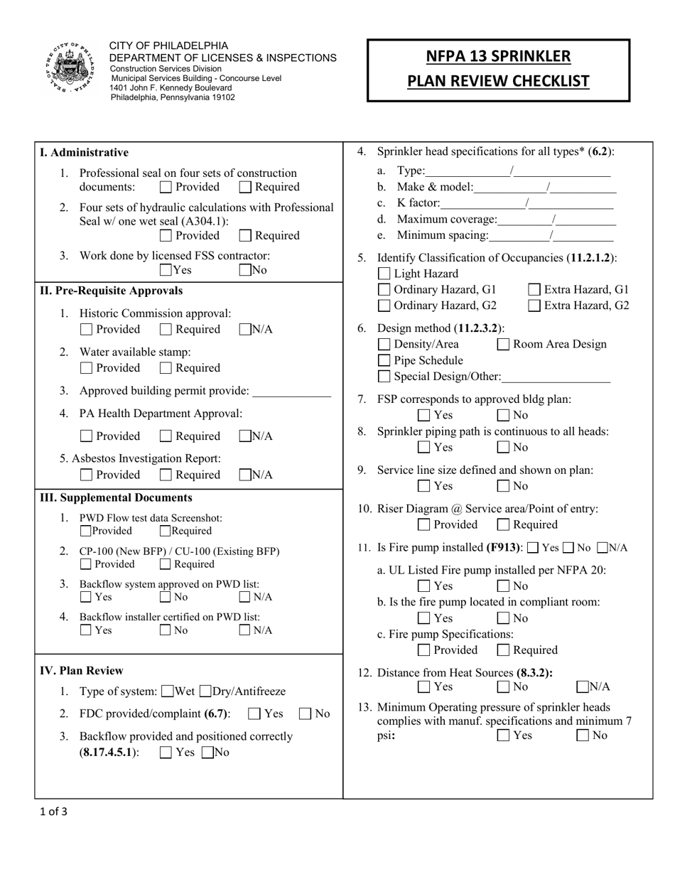 City of Philadelphia, Pennsylvania NFPA 13 Sprinkler Plan Review ...