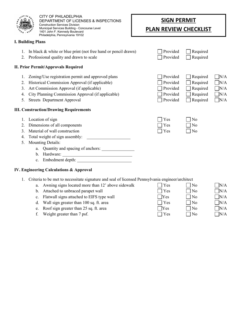 City of Philadelphia, Pennsylvania Sign Permit Plan Review Checklist ...
