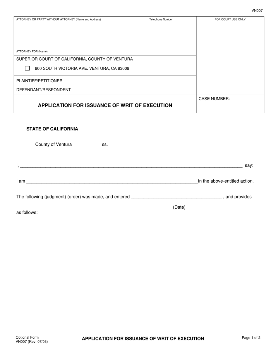 Form VN007 - Fill Out, Sign Online and Download Fillable PDF, County of Ventura, California ...